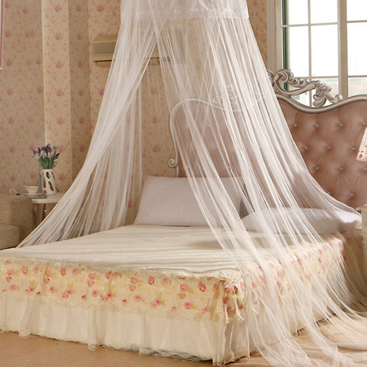 loinhgeo-Bed Mosquito Net for Holiday Indoor Elegent Lace House Bedding Decor Sweet Round Bed Canopy Dome Mosquito Net - Pink