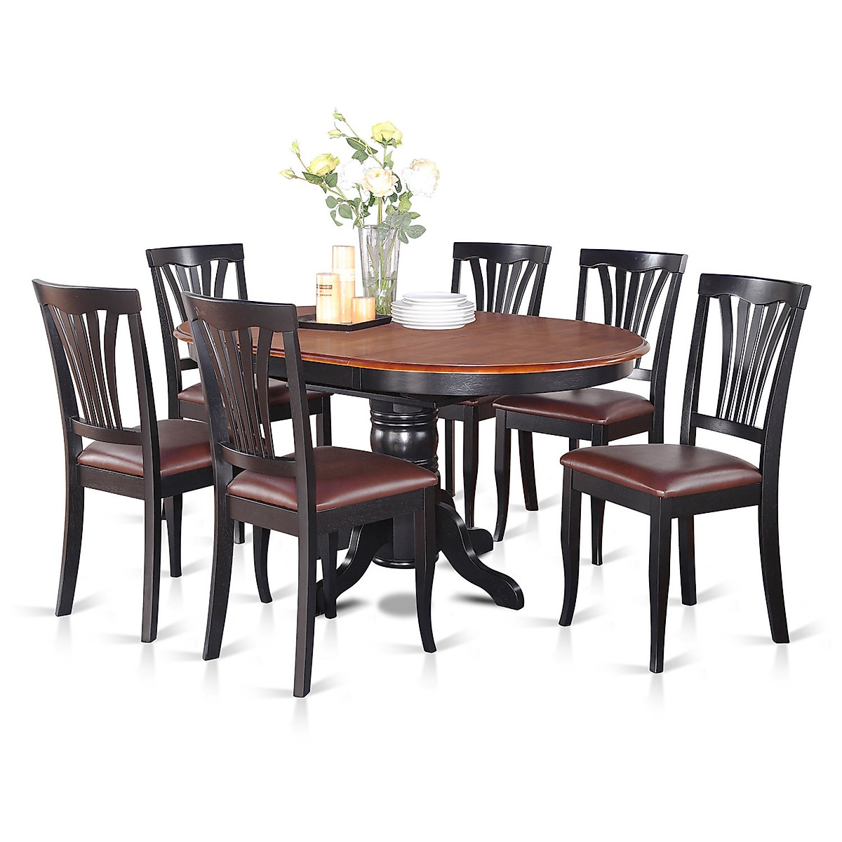 East West Furniture Avon 7 Piece Set Consist of an Oval Dining Room Table with Butterfly Leaf and 6 Faux Leather Upholstered Chairs, 42x60 Inch, Black & Cherry