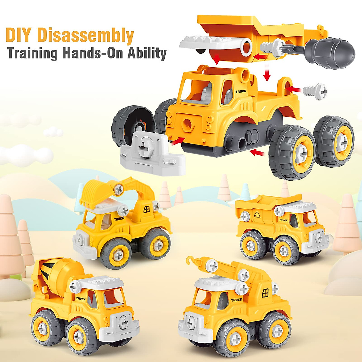 BASPOJO Construction Truck Toys for 3 4 5 6 Year Old Boys, 5-in-1 Friction Power Toy for Kids 3-5, Carrier Truck Cars for Toddlers 1-3, Kids Toys Set for Age 3-9, for 3+