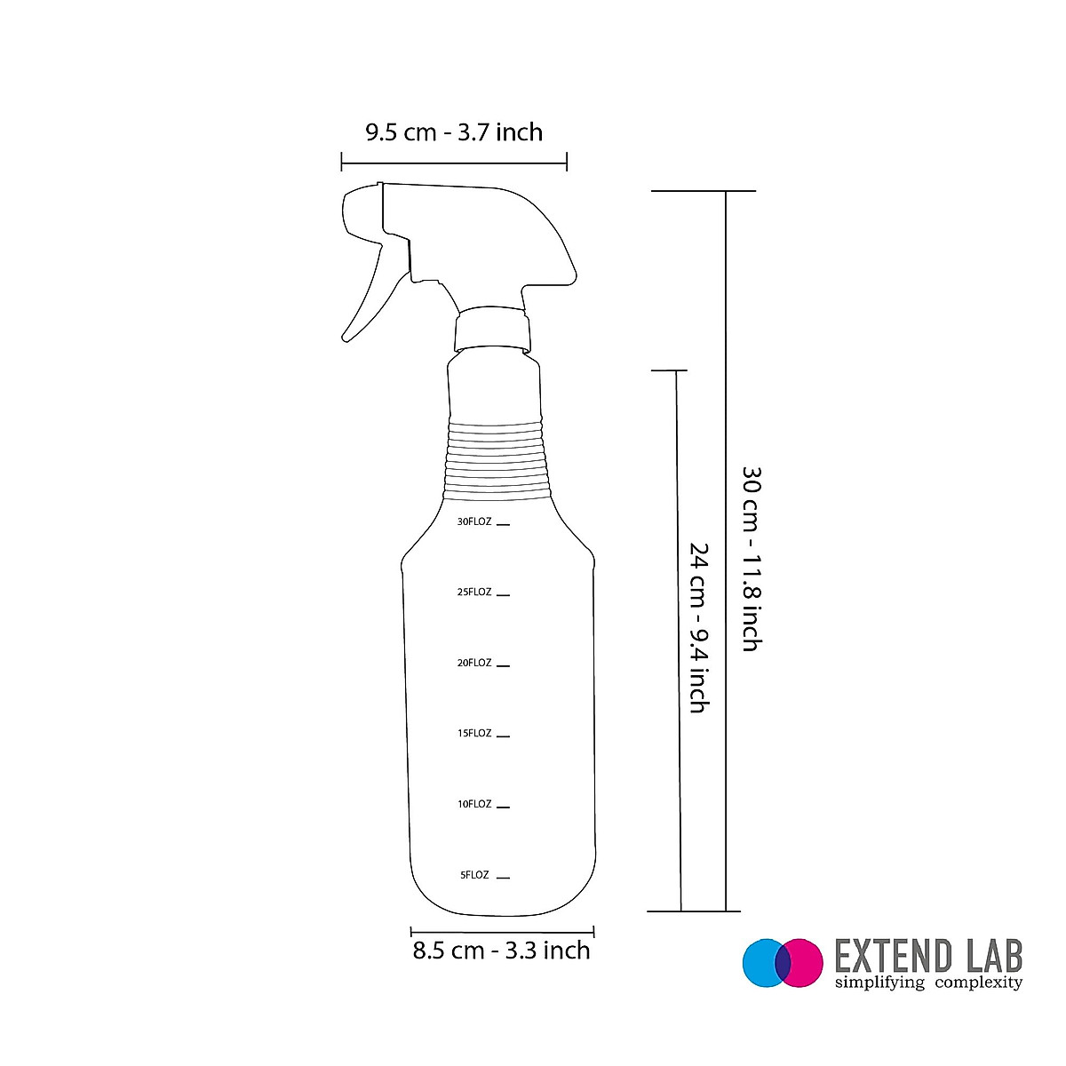 EXTEND LAB Spray Bottles - Refillable Empty Spray Bottles for Cleaning Solutions, Hair Spray, and Watering Plants - Superior Flex Nozzles with Squirt, and Mist Sprayer - 2 Pack, 30 Oz