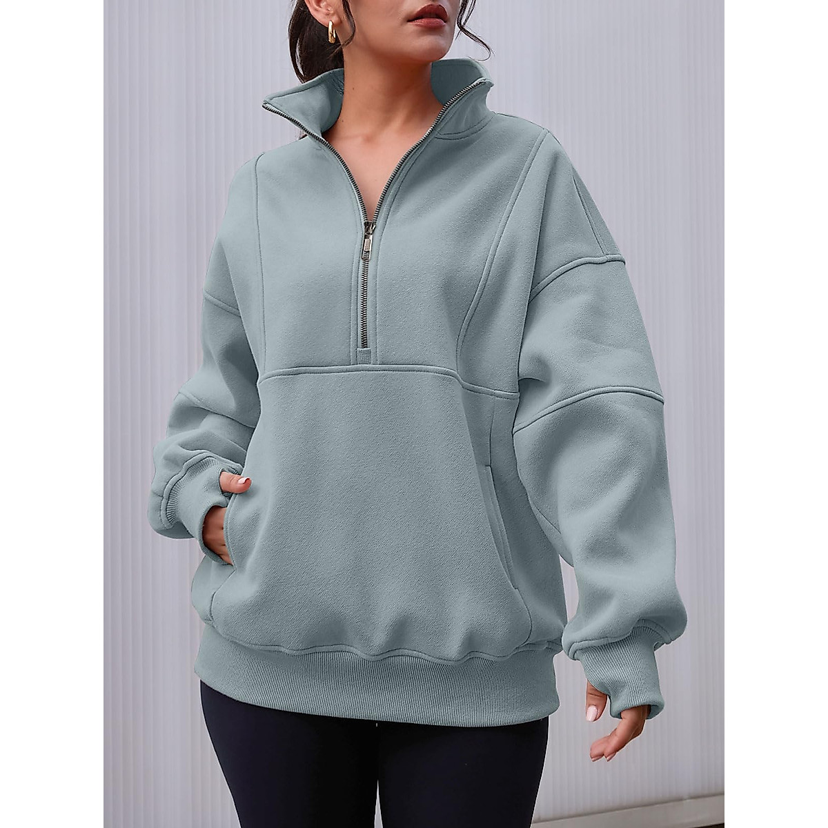 AUTOMET Women's Half Zip Oversized Sweatshirts Fleece Pullover Long Hoodies Casual Mock Turtleneck Sweaters with Pockets GreyGreen L