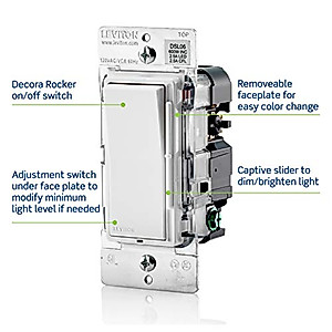 Leviton DSL06-1LZ Decora Universal Rocker Slide Dimmer 300-Watt LED and CFL/600-Watt Incandescent, 1-Pack, White/Ivory/Light Almond