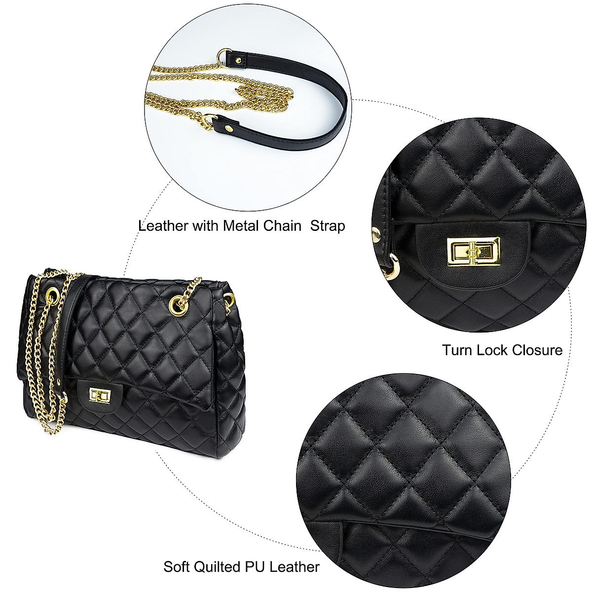 Rejolly Quilted Shoulder Bags for Women PU Leather Ladies Crossbody Handbag Stylish Envelope Purse with Chain Strap (Black)