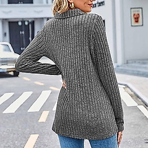 Women's Fashion Pullover Knitted Ribbed Shirts Long Sleeve V-Neck Blouse Tops Casual Fall Clothes for Women 2024 Cute Sweatshirts Dark Gray