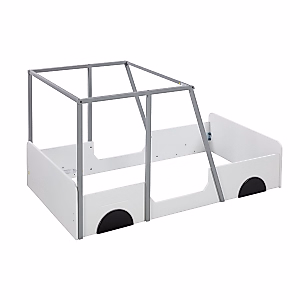 HomSof Twin Size Car-Shaped Bed with Roof,Wooden Twin Floor Bed with Wheels and Door Design,Montessori Inspired Bedroom,Grey