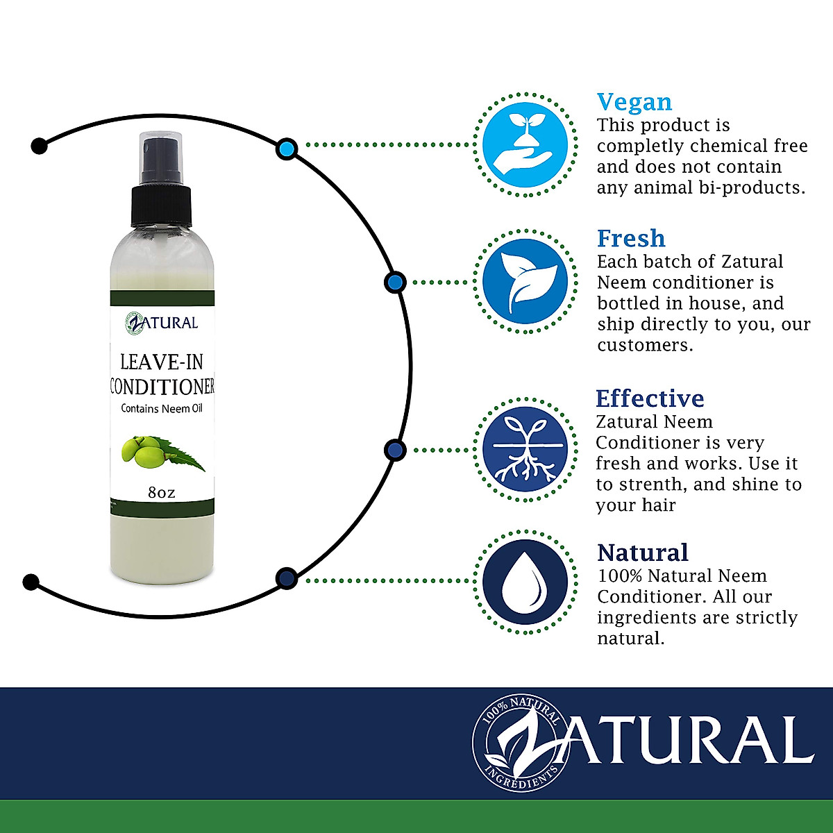 Zatural Neem Leave-In Conditioner (8 Ounce) Moisturizing conditioner for healthy hair and scalp.