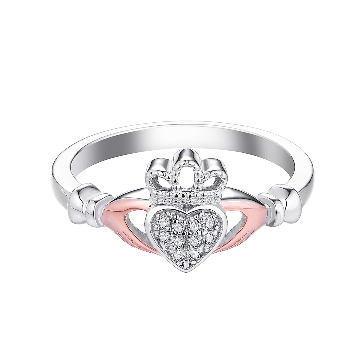 JO WISDOM 925 Sterling Silver Cubic Zirconia Rose Gold Claddagh Heart Promise Ring Size 8