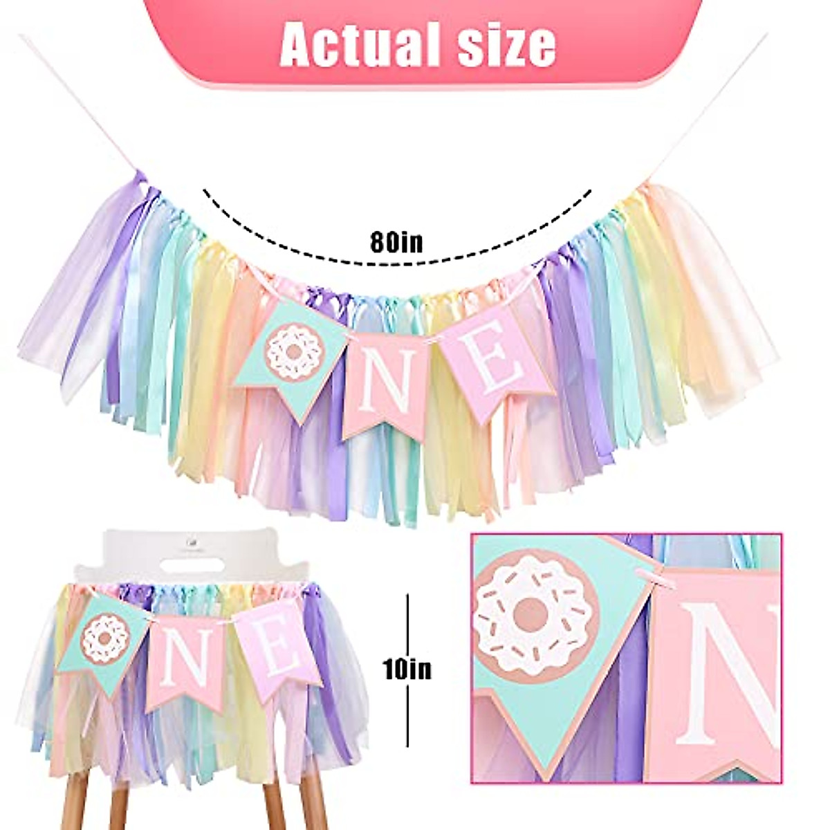 Donut 1 to 2 Years Old Birthday Banner - Donut Theme Birthday High Chair Banner, a Soft Rainbow Ribbon Tutu Group, Sweet Days, Leaving a Wonderful Party Time, Perfect Party Decoration. (Donut 1)