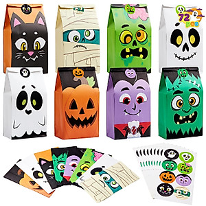JOYIN 72PCS Halloween Treat Bags, 6 Styles Trick or Treat Paper Bags with Stickers, Halloween Goodie Bags for Kids, Halloween Candy Bags, Halloween Party Favors Decorations