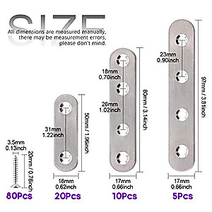 115Pcs 3 Sizes Stainless Steel Flat Straight Brace Brackets Metal Shelf Support Brackets Joining Plate with Screws Perfect for Mending Repair Plates Fixing Bracket Connector - 50mm/ 80mm/ 100mm