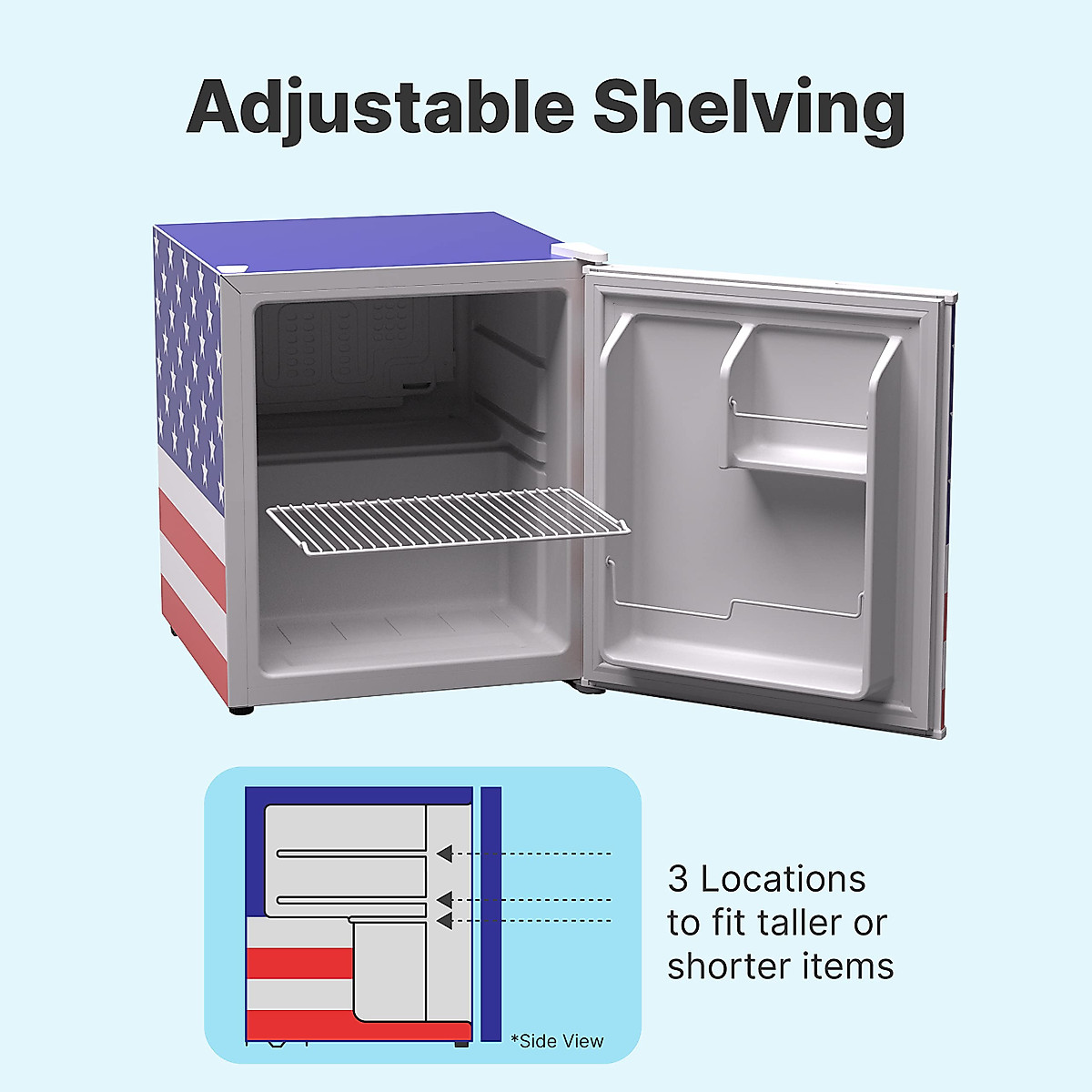 Husky 43L Countertop Mini Refrigerator with Reversible Door, Beverage Cooler with 40 Can Capacity, College Dorm Refrigerator, Beverage Refrigerator for Home and Office (US Flag)