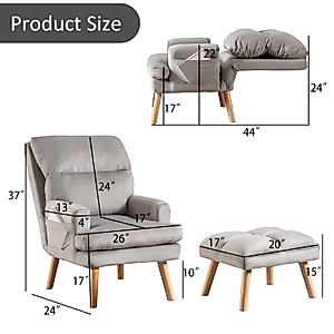 INZOY Accent Chairs with Ottoman, Velvet Fabric Armchair with Ottoman for Bedroom Living Room, Mid Century Modern Chair with Adjustable Backrest and Side Pockets, Grey