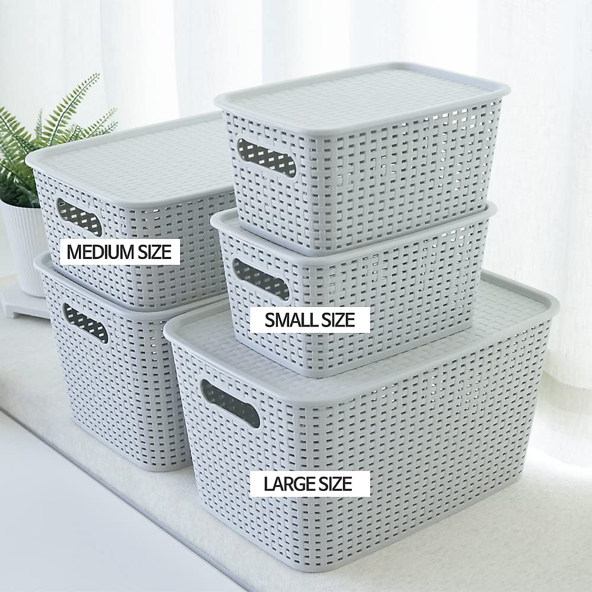 OLLIC Plastic Bins Large Storage with Lids | Korean Organizer Bin Basket Set for Organizing Baskets in Closet and Home (WHITE, LARGE_4PK)