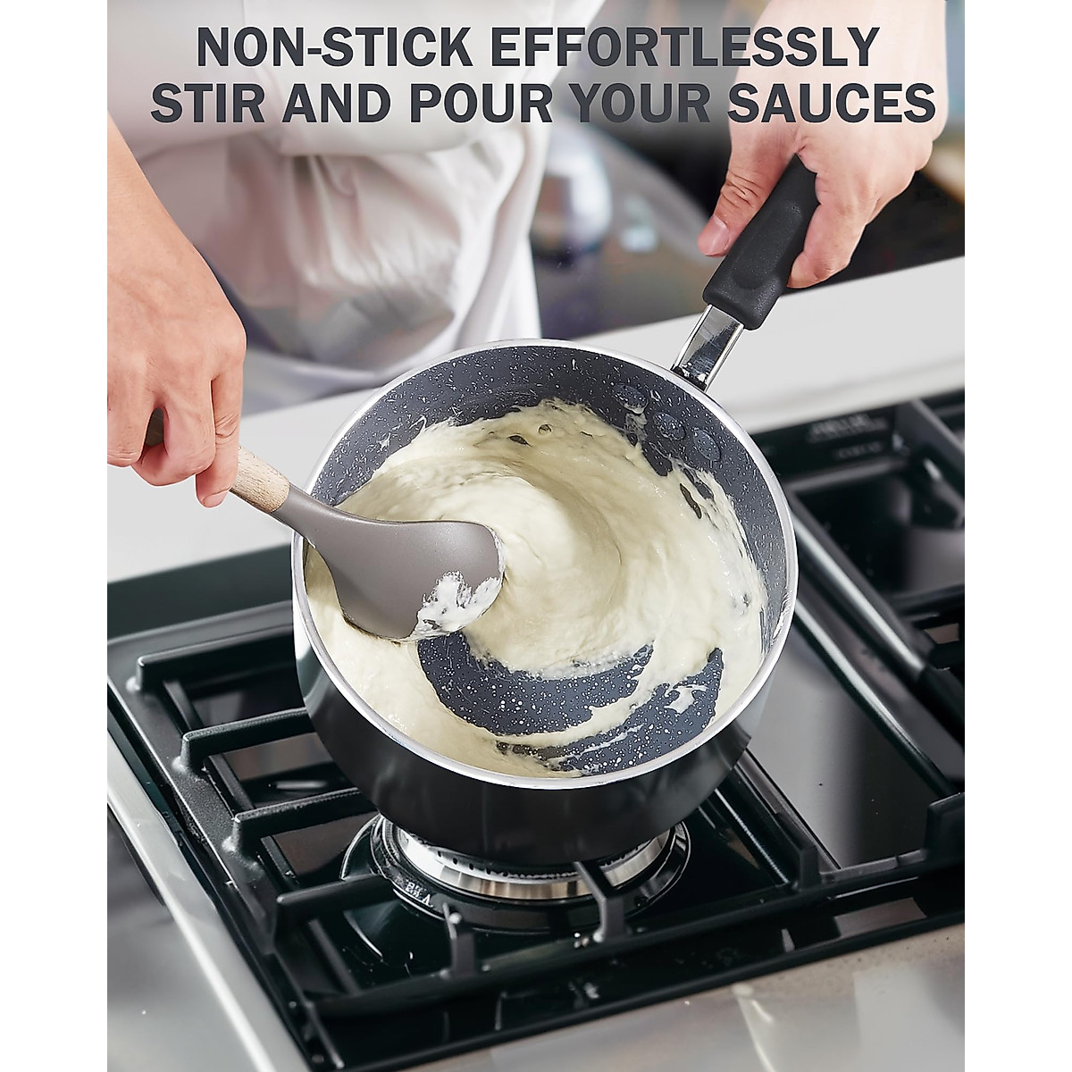 Cook N Home 1-Quart Nonstick Saucepan with Lid, Professional Granite Sauce Pan Non Stick Small Pots for Cooking with Stay-Cool Silicone Handle, Heavy Gauge Aluminum Induction Cookware, Marble