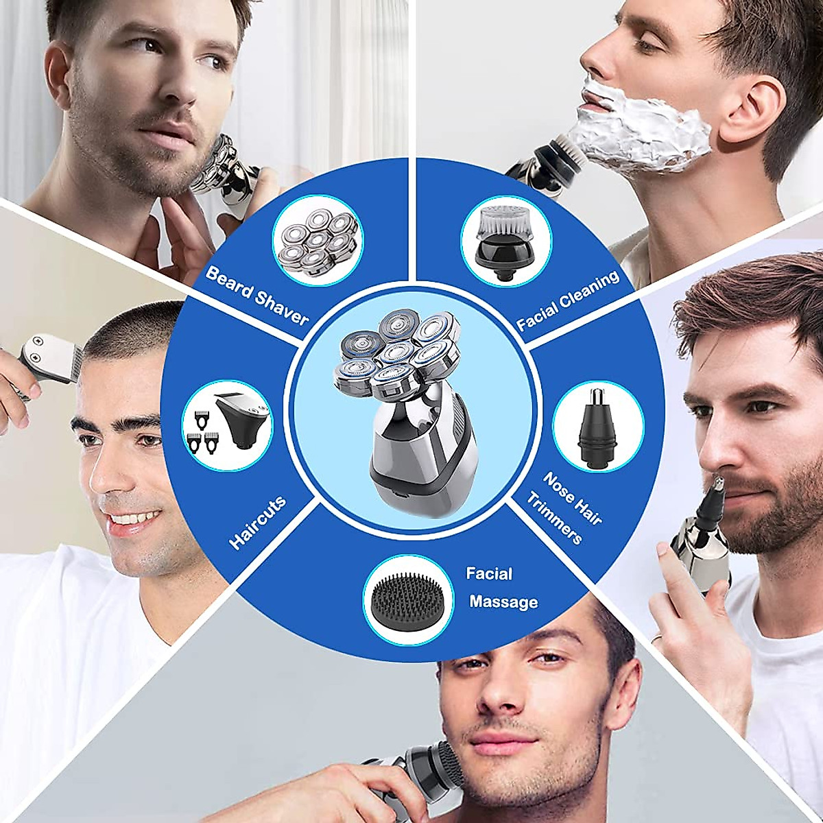 Yogioaf Head Shaver for Men, 5-in-1 Electric Razor for Men, Wet & Dry, Anti-Pinch, Upgrade Cordless with 7D Floating Shaving Heads, Waterproof and Rechargeable Rotary Bald Head Shaver