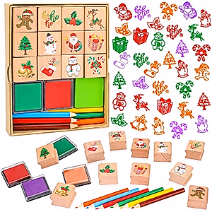 Zayvor Christmas Stamps Set, Wooden Rubber Stamp with Ink Pad Colored Pencil, Holiday Square Craft Stamp for Stamping Scrapbooking Crafting Booking Card Making Stocking Filler,Christmas Favor Gift
