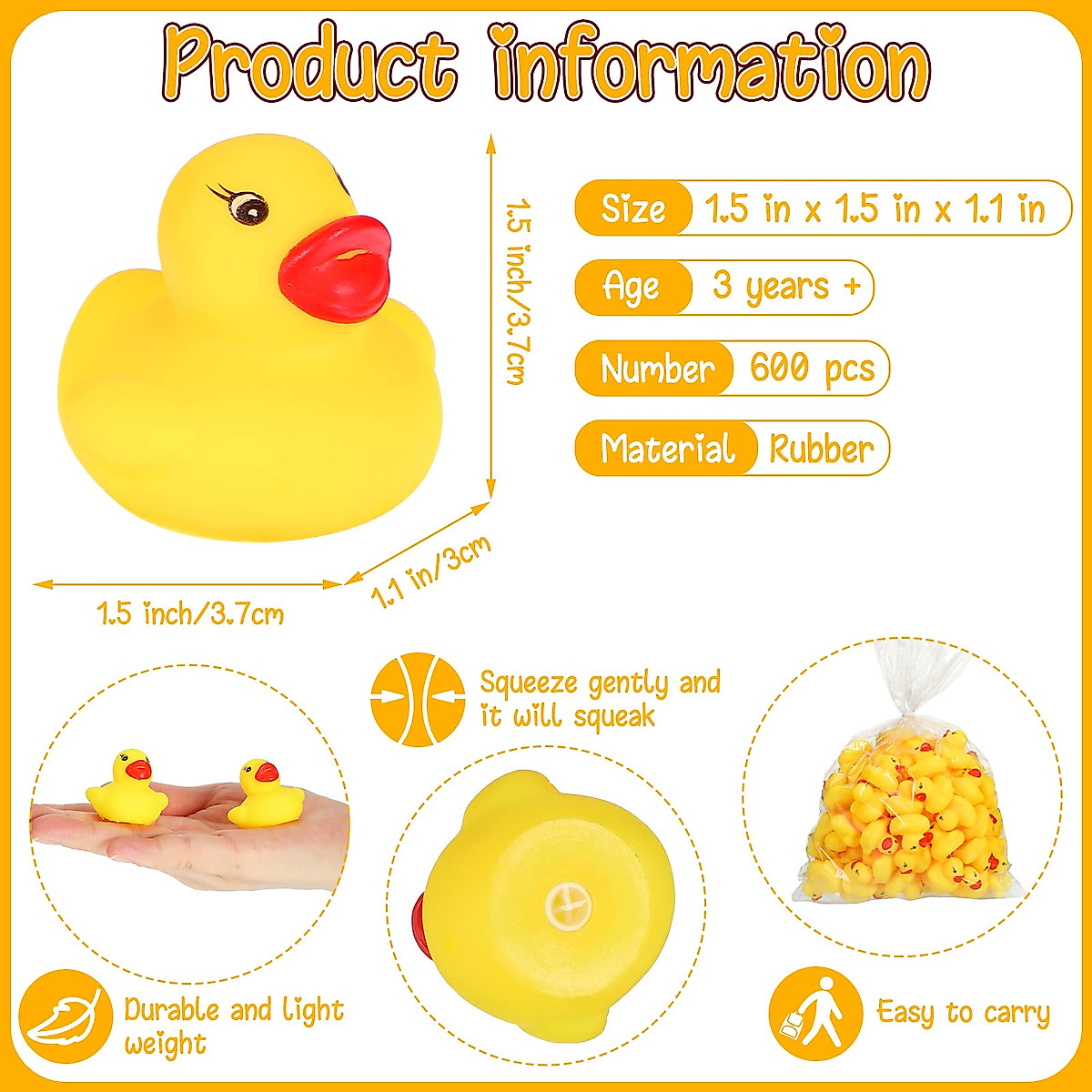 600 Pcs Mini Rubber Ducks in Bulk Bath Toy Squeak Tiny Ducks for Kids Bathtub Shower Birthday Favors Party Decoration Gift, 1.57 x 1.57 x 1.18 Inches (Yellow)