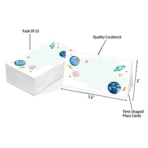 Table Place Card, Space Themed Tent Style Cards, Pack of 25 Half-Fold Reception Place Card, Astronaut Birthday Decor, Perfect for Baby Shower, Space Galaxy Birthday Party and Special Events C29