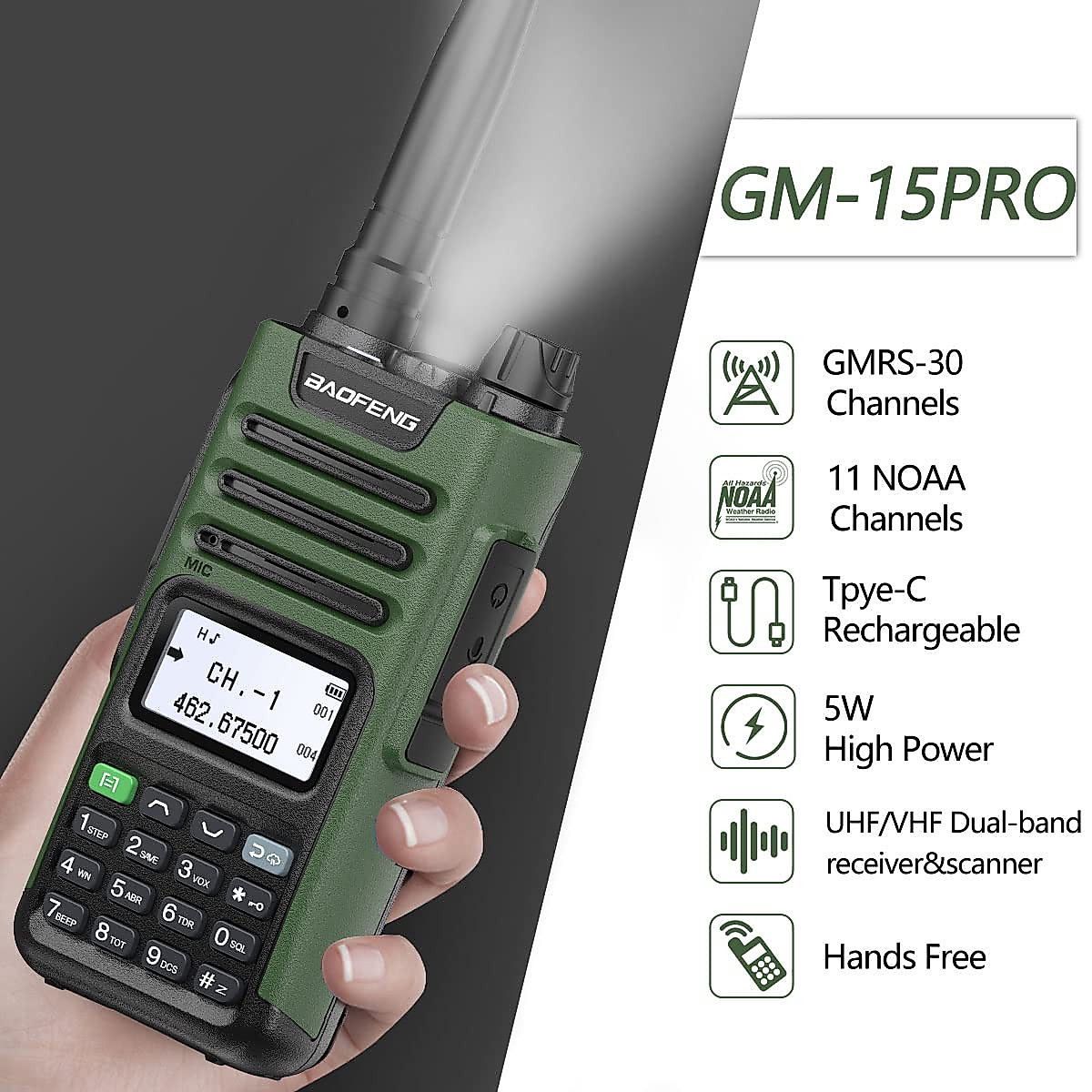 BAOFENG GM-15 PRO GMRS Radio Long Range Walkie Talkies Rechargeable,GMRS Repeater Capable,NOAA Scanning & Receiving Two Way Radio, with Extra Battery Programming Cable Speaker Mic etc Full Kits
