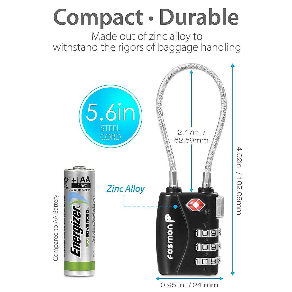 Fosmon TSA Approved Cable Locks for Luggage, Suitcase, Gun Case Locks with Push Release Button, 3 Digit Long Shackle Combination Wire Locks for Backpack Zipper Anti Theft, Gym Locker -3 Pack, Black