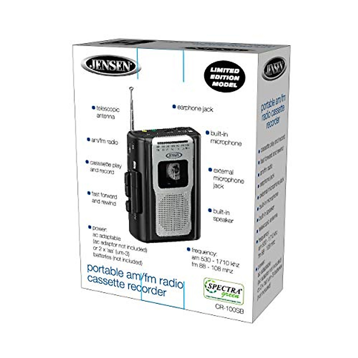Jensen CR-100 Retro Portable AM/FM Radio Personal Cassette Player Compact Lightweight Design Stereo AM/FM Radio Cassette Player/Recorder & Built in Speaker (Black Series)