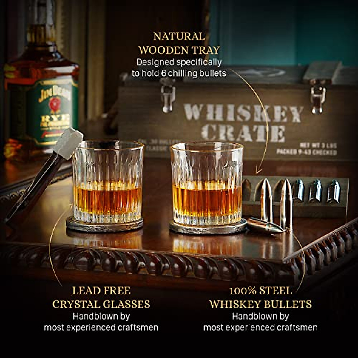 Bullet Whiskey Stones Gift Set by Royal Reserve | Artisan Crafted Chilling Rocks Scotch Bourbon Glasses and Coasters – Gift for Ranger Police Hunter Guy Men Dad Boyfriend Anniversary or Retirement