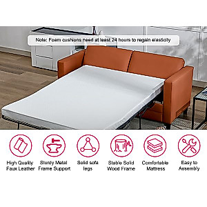 MUZZ Pull Out Couch Queen, Modern Leather Sleeper Sofa Bed with Foldable Foam Matress, 2 in 1 Pull Out Sofa Bed for Living Room, Apartment, Office (Queen/Cognac)