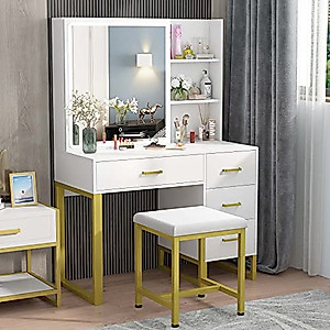PAKASEPT Makeup Vanity with Sliding Lighted Mirror, Vanity Desk Dressing Table with 4 Drawers, White Vanity with Hidden Shelves & Cushioned Stool for Bedroom(White)