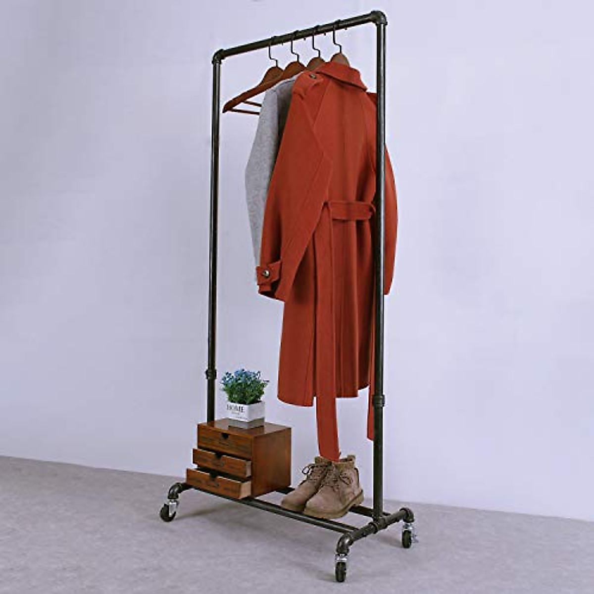 MBQQ Industrial Pipe Clothing Racks on Wheels,28in Length Heavy Duty Garment Racks Commercial Grade,Vintage Rolling Ballet Rack Clothes Display Rack Retail Display,Black Brush Silver