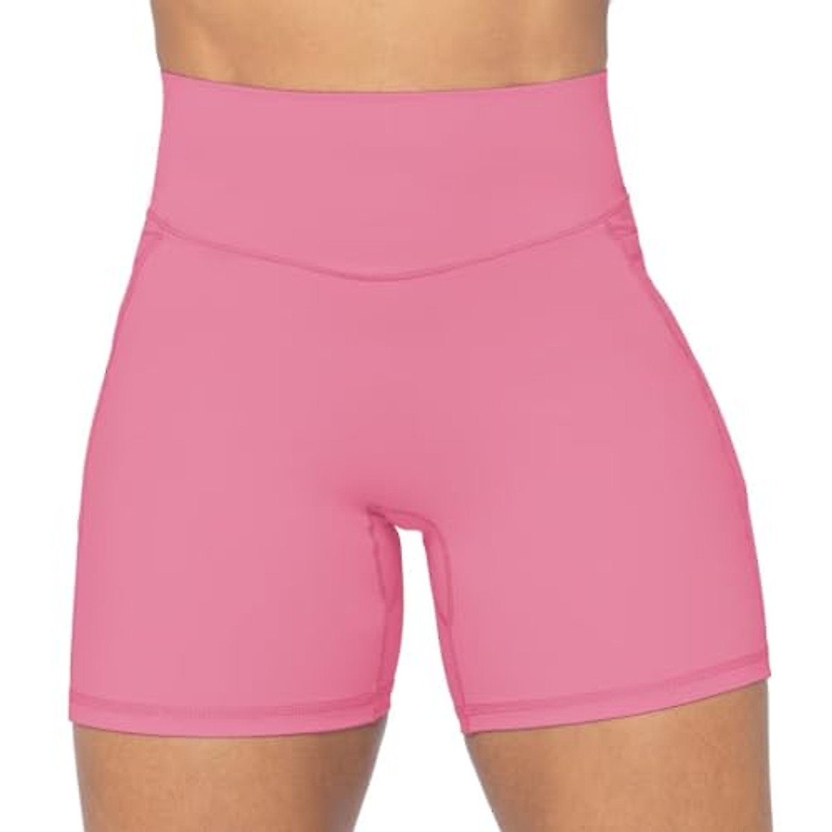 Sunzel No Front Seam Biker Shorts for Women with Pockets, Yoga Workout Gym Bike Shorts with Tummy Control 5" Bubblegum Pink Medium
