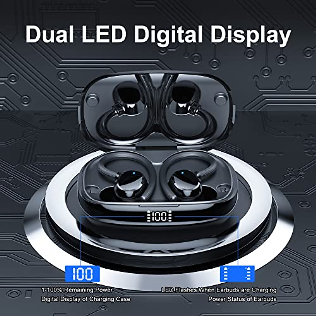 Wireless Earbuds, HiFi Stereo Sport Bluetooth 5.3 Headphones with Earhooks, 48H Deep Bass in-Ear Headphones with LED Display, Noise Cancelling, IP7 Waterproof Earphones Built-in Microphone for Running