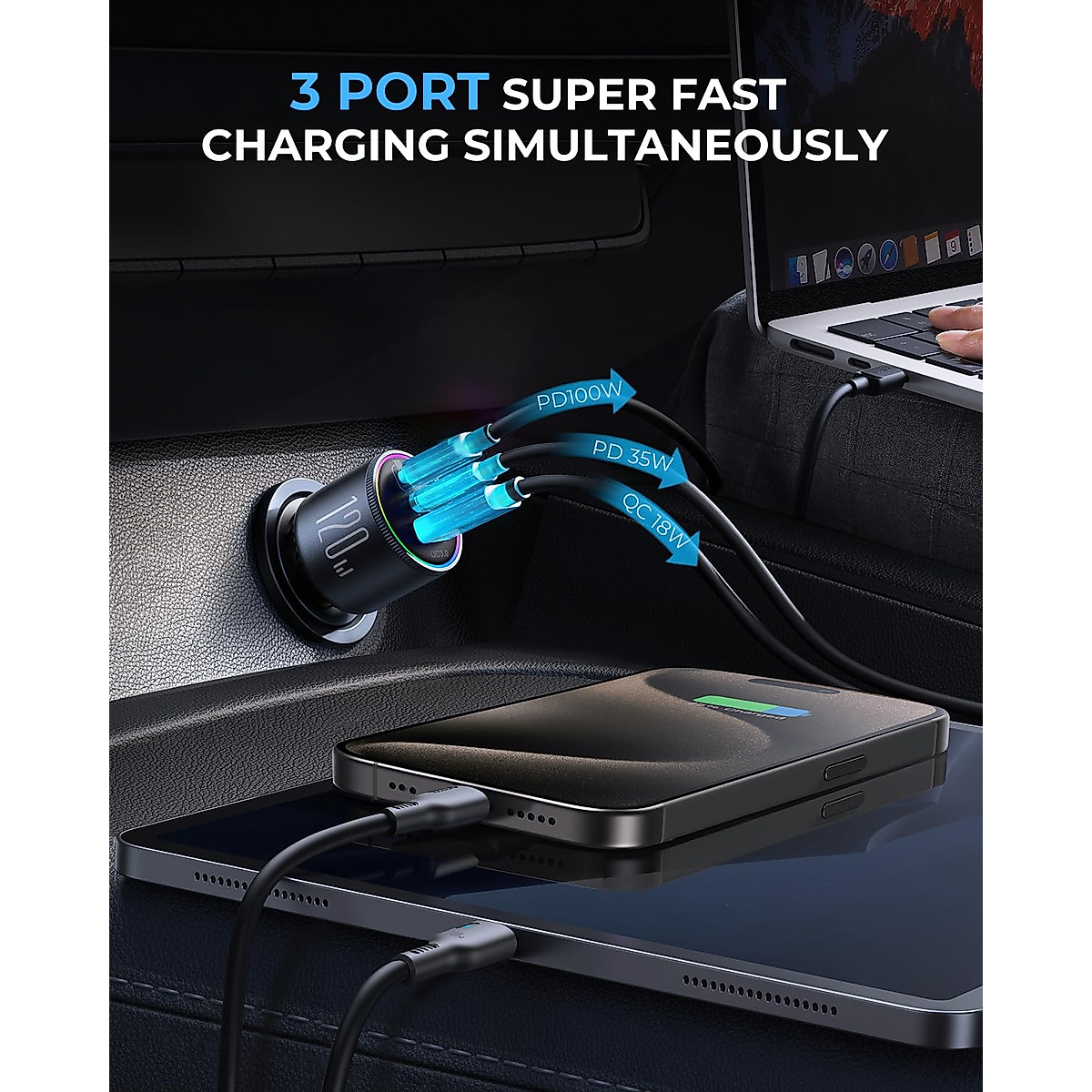 120W Car Charger USB C for iPhone 15 Pro, JOYROOM 3 Port Super Fast Car Charger Adapter PD 100W&35W QC 4.0 Car Phone Charger Fast Charging for iPhone 15/14/13 Pro Max/Samsung S23/22/Laptop