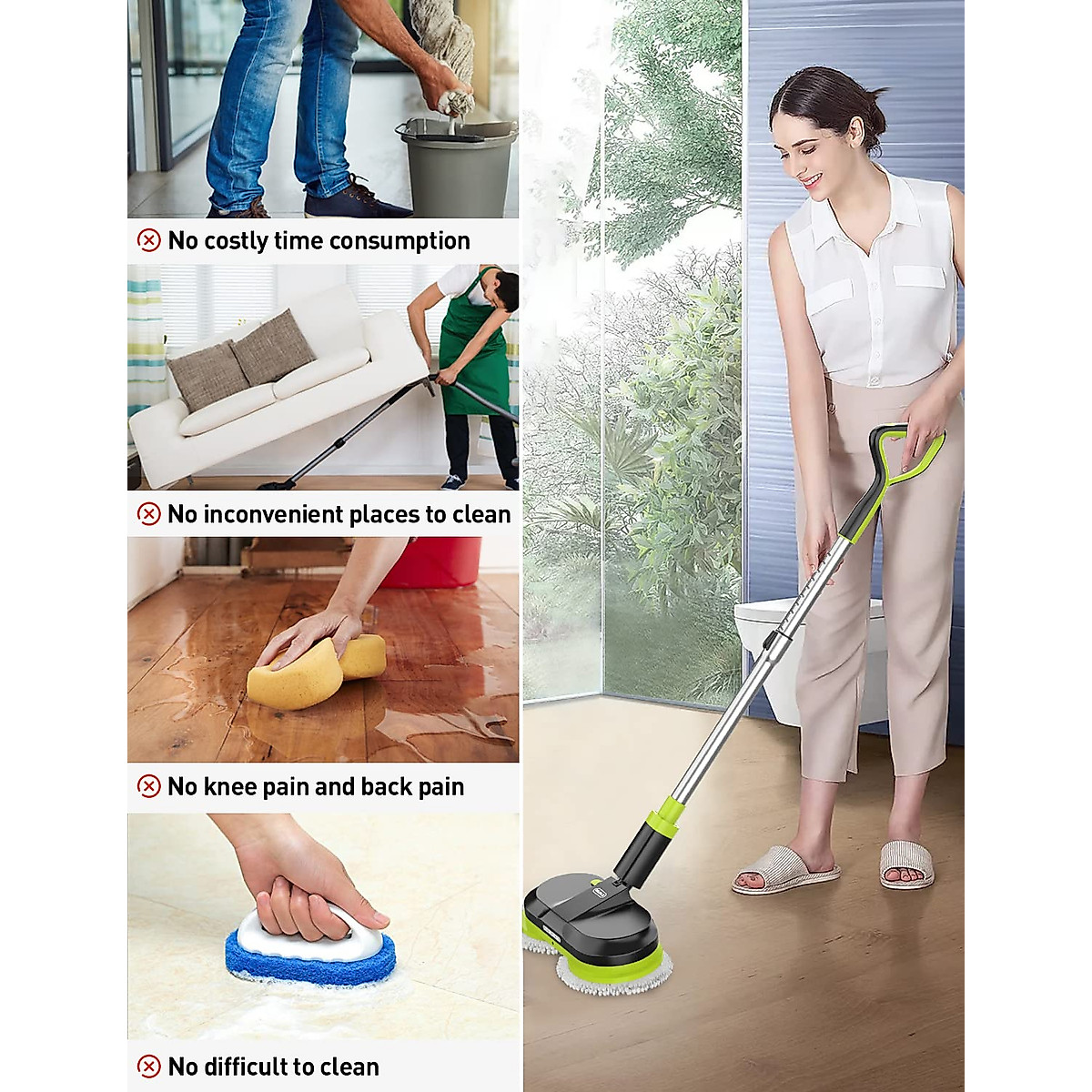 BIUBLE Cordless Electric Mop, Dual Spin Mops for Floor Cleaning, LED Headlight / Stand-Free / Water Sprayer, Rechargeable Scrubber Cleaner Mops with 300ML Water Tank for Multi Floors, Self-Propelled