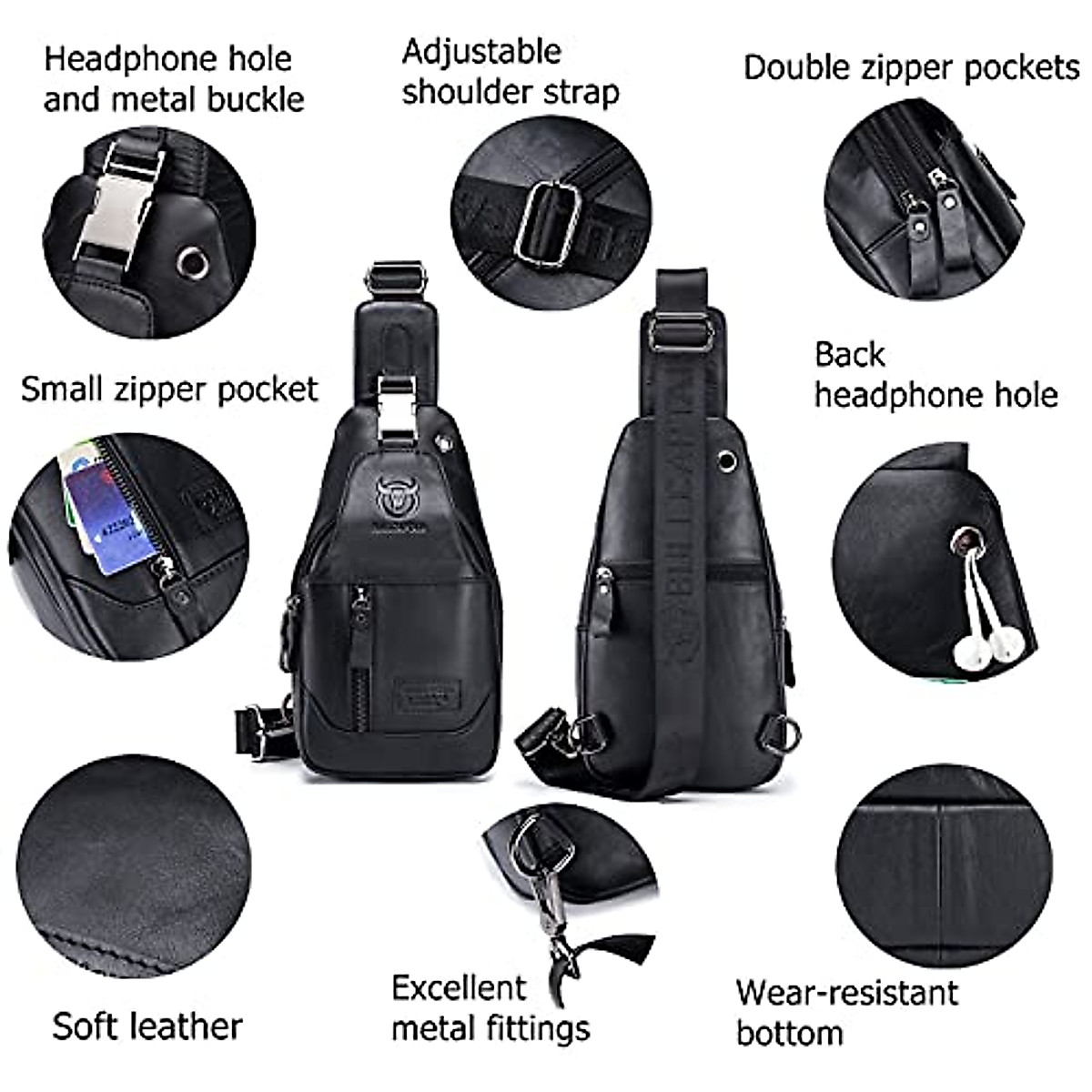 BULLCAPTAIN Genuine Leather Men Sling Crossbody Bag Chest Bags Travel Hiking Shoulder Backpack (Black)