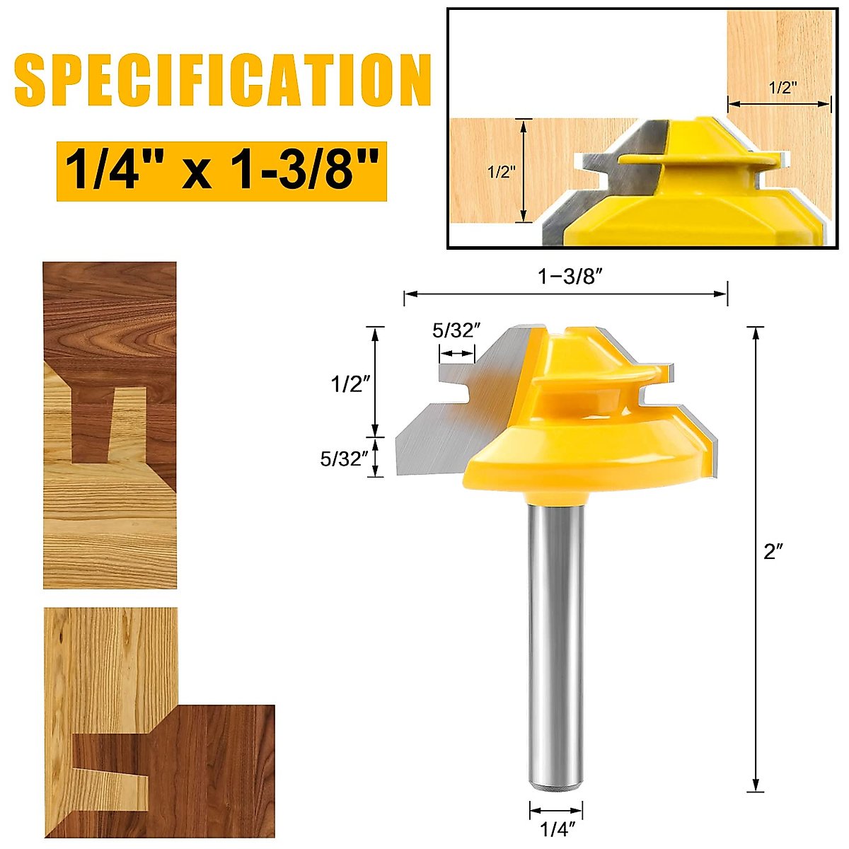 Newdeli 45 Degree Lock Miter Router Bit 3-Piece Set, for 1/2”, 5/8”, 3/4” Cutting Height, 1/4 Inch Shank. Easy to Create Lock Miter Joint