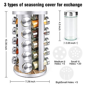 Spice Rack Organizer with Jars for Cabinet (20Pcs) Revolving/Rotating Seasoning Organizer, Stainless Steel/Wooden Countertop Rack Tower Organizer for Kitchen Pantry with Reusable Labels/Funnel/Brushes