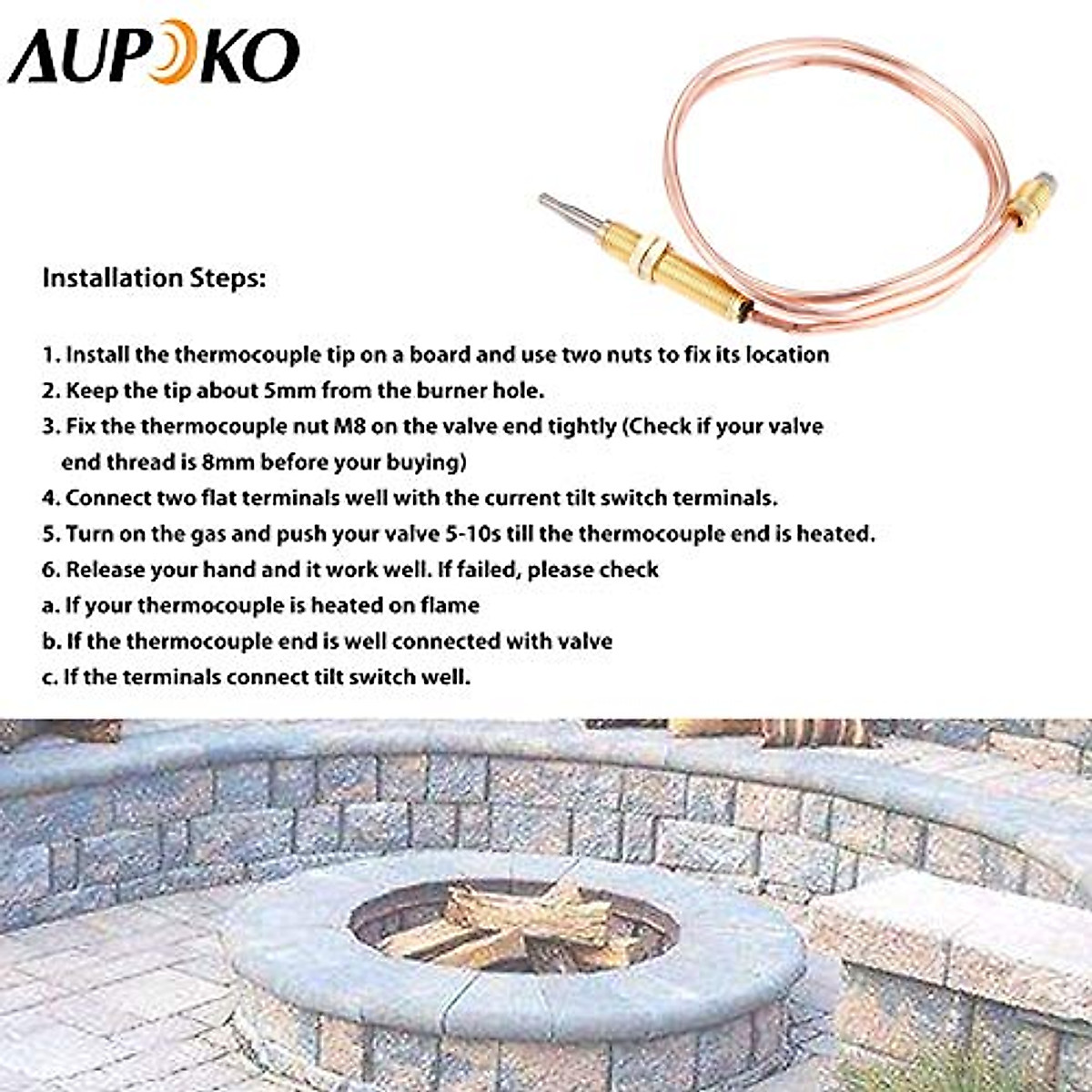 Aupoko Universal Gas Thermocouple, 600 mm Length, M8x1 End Nut and Head Tip Fit for BBQ Grill or Fire Pit Heater or Gas Water Heater