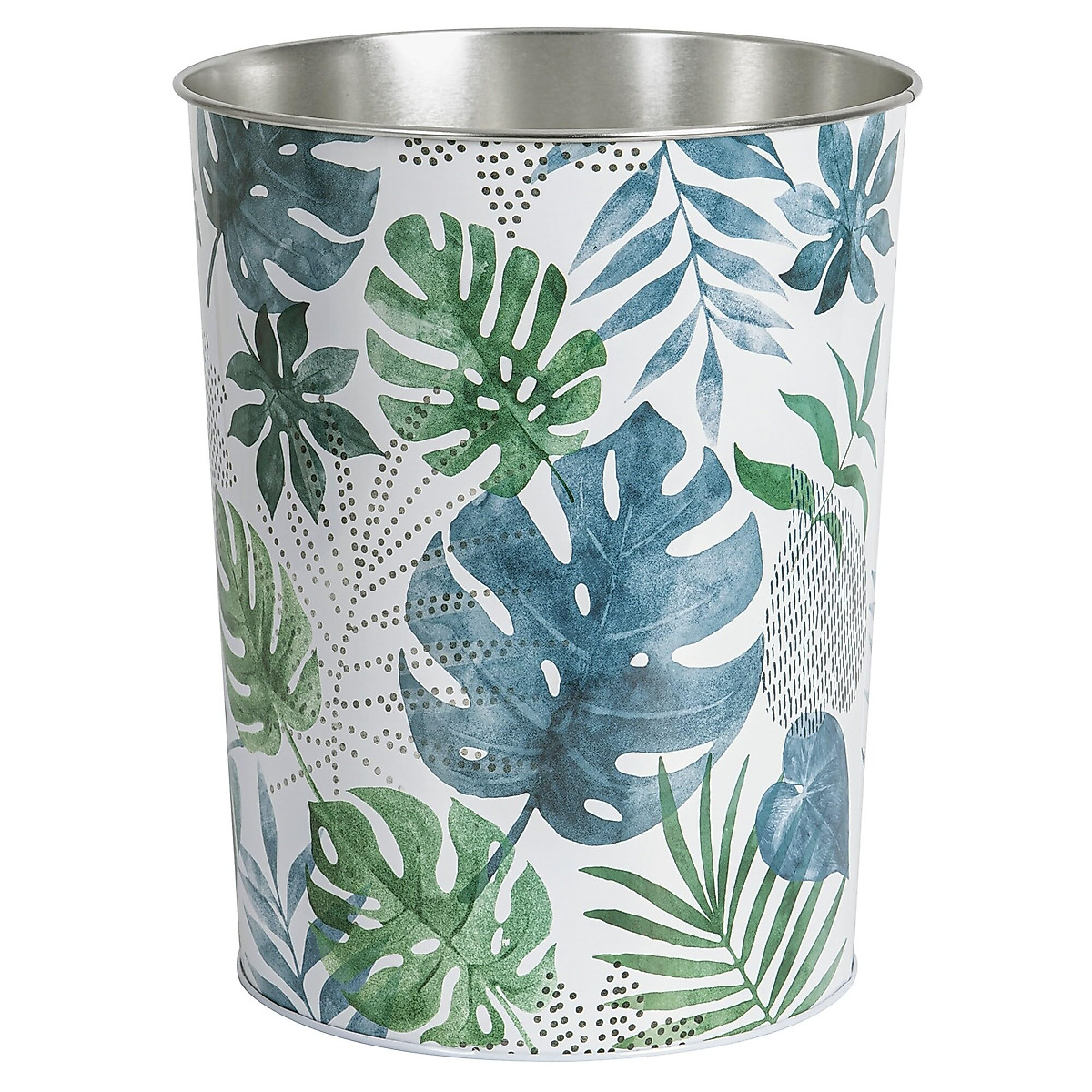 Allure Home Creation Blue Palm Leaves Metal Wastebasket-Small Size-1.5 Gallons