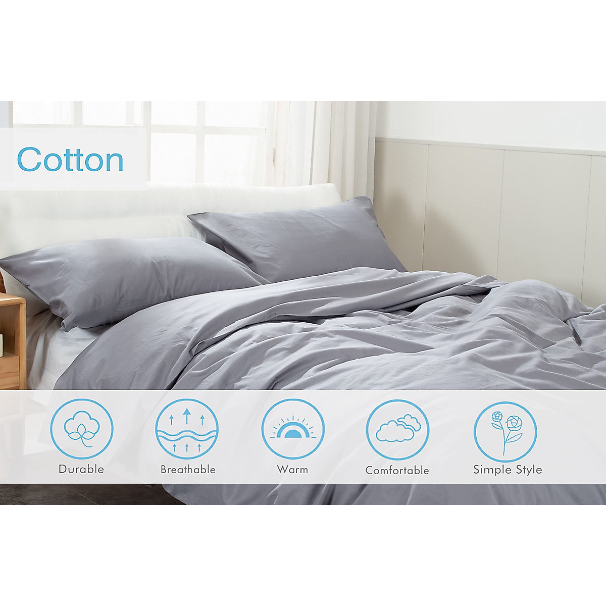 Discshi Bedding Duvet Cover Set 100% Cotton Full Size Breathable Durable Soft Comfy 3 PCS Comforter Cover Set with 1 Duvet Cover(86"x86") and 2 Pillow Covers(20"x30") (Grey)