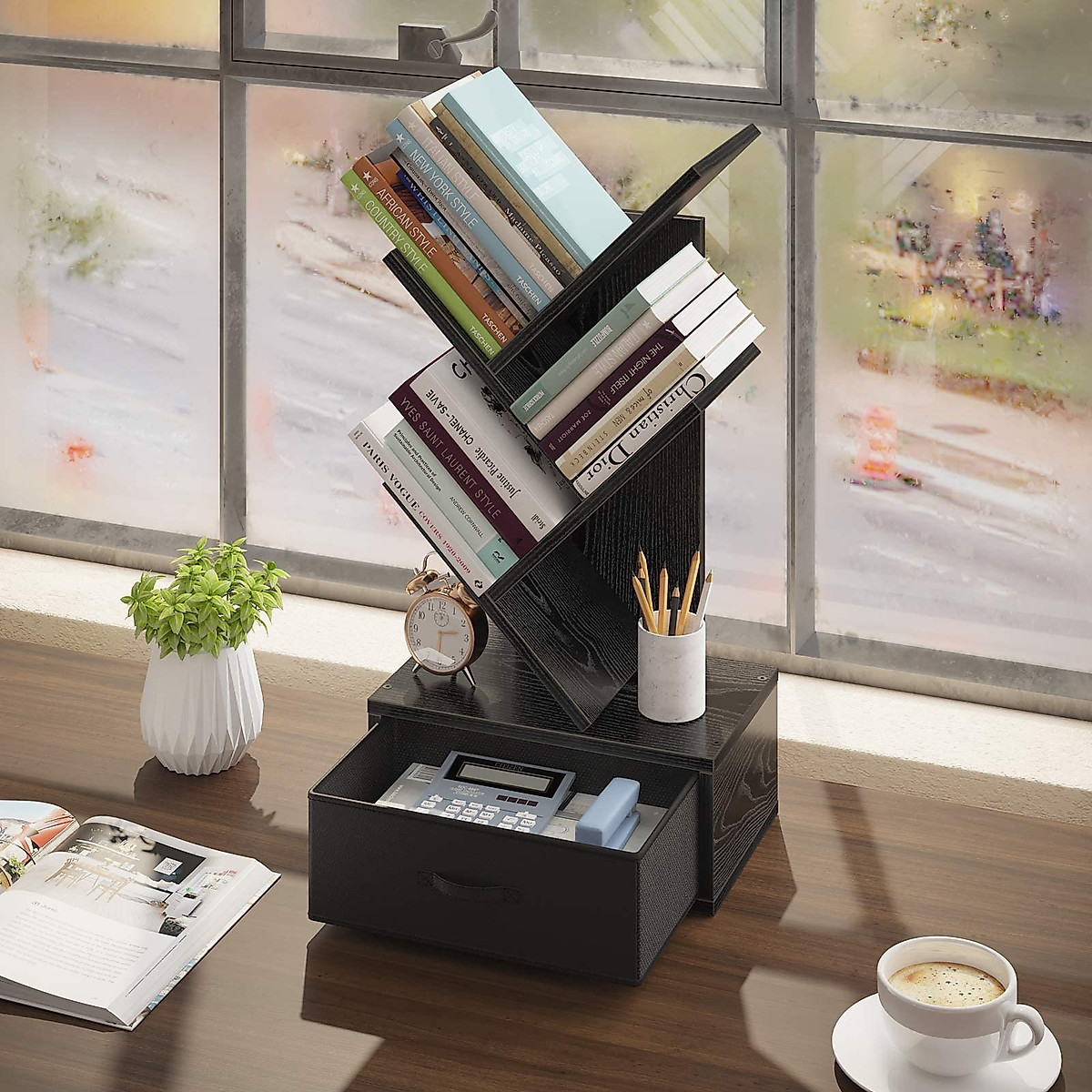 Rolanstar Bookshelf with Drawer, 4 Shelf Tree Bookshelf, Wooden Bookshelves Storage Rack for CDs/Movies/Books, Black Bookcase, Utility Organizer Shelves for Living Room, Bedroom