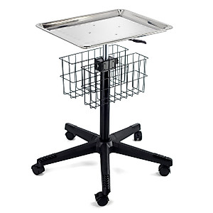 Pneumatic Stainless Steel Instrument Tray on Wheels - Pneumatic Height Adjustable Styling Cart with Organizer - Stainless Steel Aesthetician Cart, Tattoo Tray Table, Medical Tray on Wheels