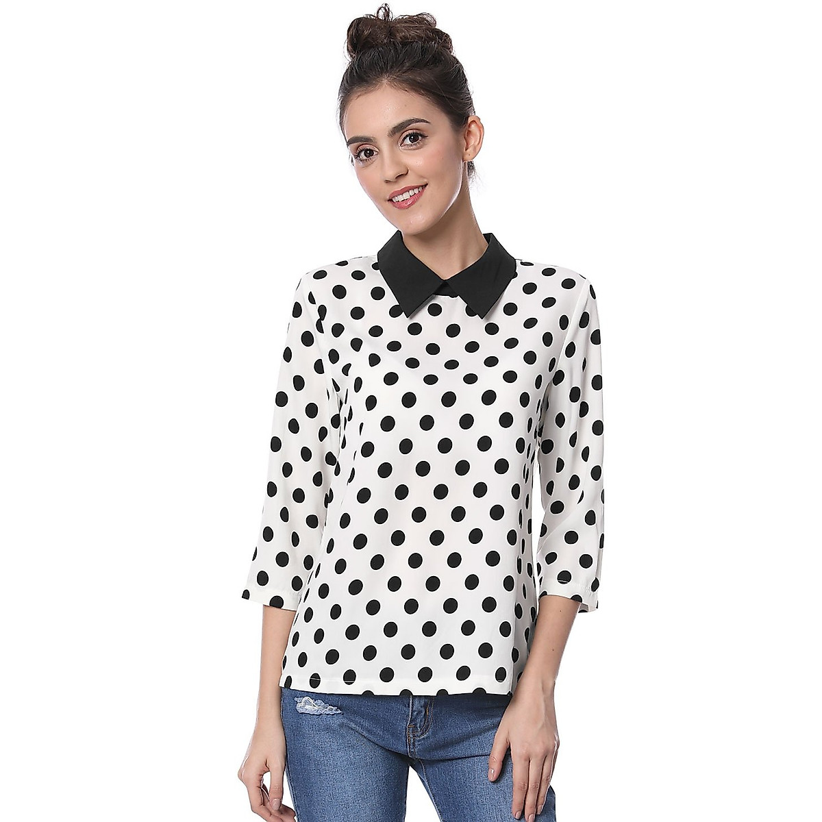 Allegra K Women's Polka Dots Contrast Peter Pan Collar Top 3/4 Sleeves Blouse Shirt X-Large White