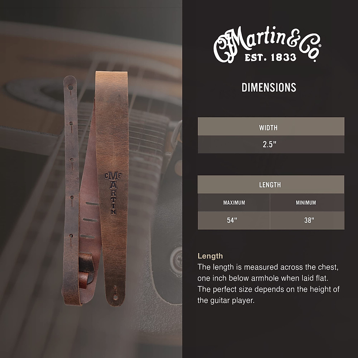Martin C.F 18A0065 2 1/8" Leather Guitar Strap, Brown