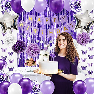 Lasocy Purple Birthday Decorations for Women Girls Butterfly Hanging Garland Purple and White Silver Lavender Party Decorations Set with Happy Birthday Banner Purple Foil Background Pompom Flower