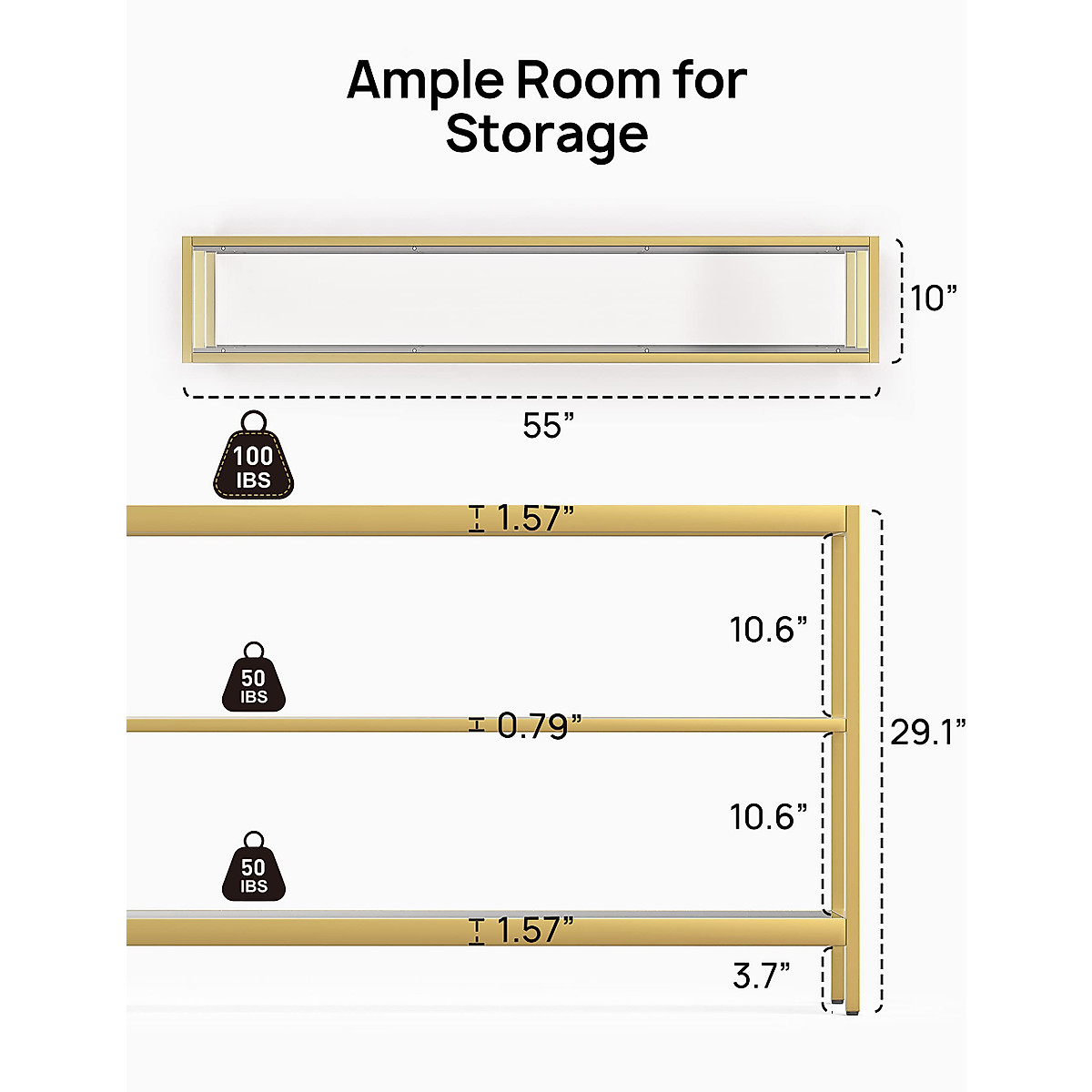 Evajoy Console Table, 55" Entryway Table with 3 Tiers, Open Glass Sofa Table for Living Room, Foyer, Entryway, Bedroom, Hallway