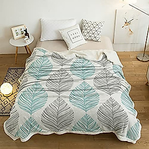 Gredice Sherpa Blankets Fleece Throw Blanket Reversible Soft Cozy Bed Blankets Abstract Seamless Plants Leaves,Flannel Sofa Throws,Grey and Teal Stripes on White Fuzzy Warm Blankets for Couch,40x50in
