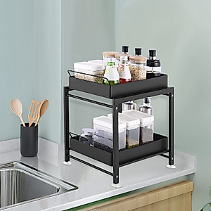 Under Sink Organizer, Bathroom Cabinet Storage, 2-Tier Kitchen Cabinet Organizer with Sliding Storage Basket Drawers, Multi-purpose Countertop Storage Shelf for Bathroom,Kitchen,Office (Large, Black)