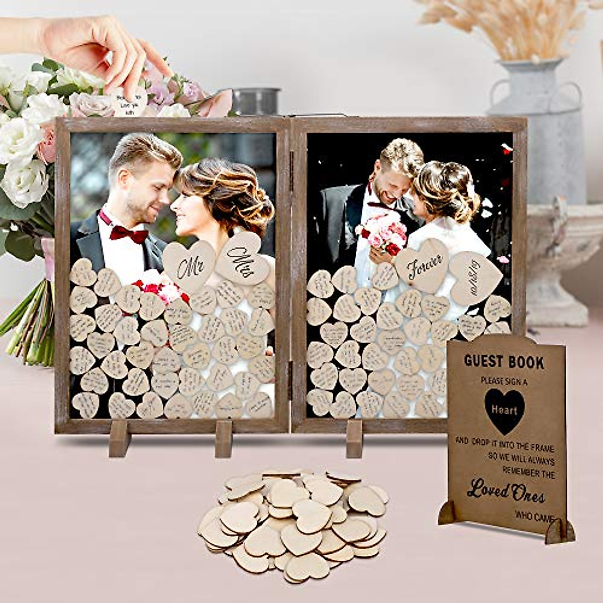 GLM Wedding Guest Book Alternative with Sign, 160 Hearts and 4 Large Hearts, Guest Book Wedding Reception, Rustic Wedding Decorations for Reception, Wedding Decor (Brown)