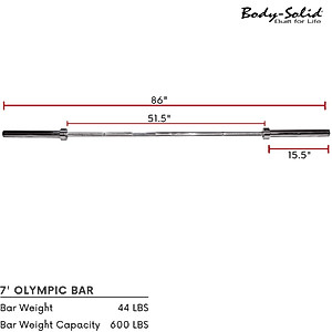 Body-Solid Olympic Bar Rod with Heavy Duty Grade Construction for Weights Lifting Equipment, Strength Training and Fitness Workouts For Home Gym Dumbbell Barbell, 44LB 7FT