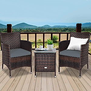 Toolsempire 3 Pieces Patio Conversation Set, Outdoor Wicker Furniture Set with Water-Resistant Cushion & Tempered Glass Tabletop, Patio Porch Furniture Set Bistro Set for Balcony, Poolside (Gray)
